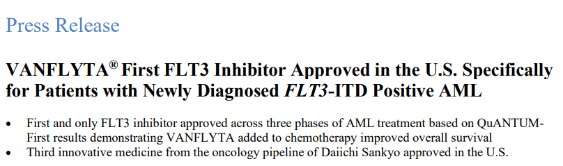 OS翻倍！第一三共FLT3抑制剂获FDA批准治疗急性髓系白血病医药新闻-ByDrug-一站式医药资源共享中心-医药魔方