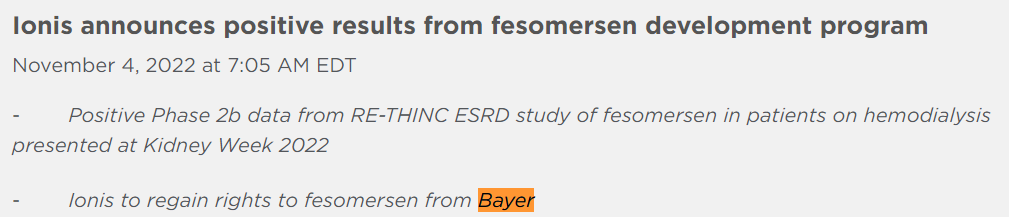 Ionis反义寡核苷酸疗法IIb期研究积极，却遭拜耳“退货”医药新闻-ByDrug-一站式医药资源共享中心-医药魔方