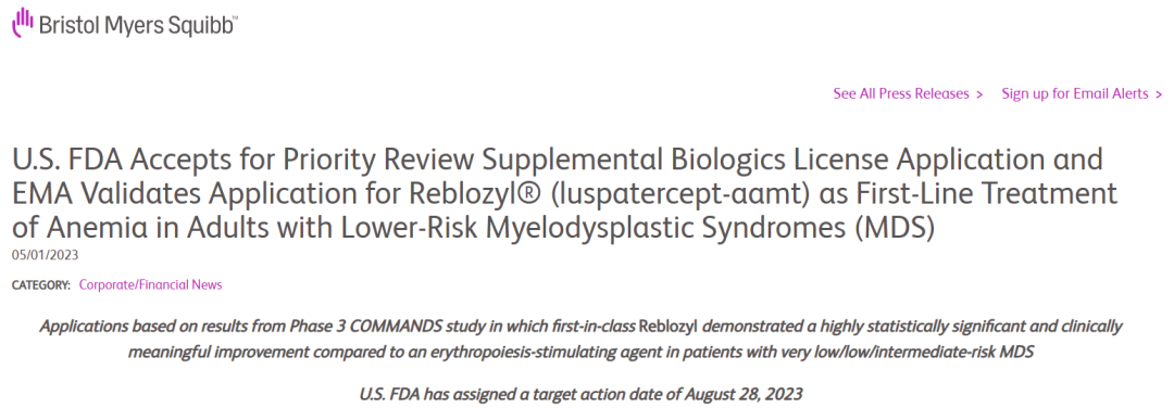BMS罗特西普新适应症上市申请同时获FDA和EMA受理，一线治疗骨髓增生异常综合征医药新闻-ByDrug-一站式医药资源共享中心-医药魔方