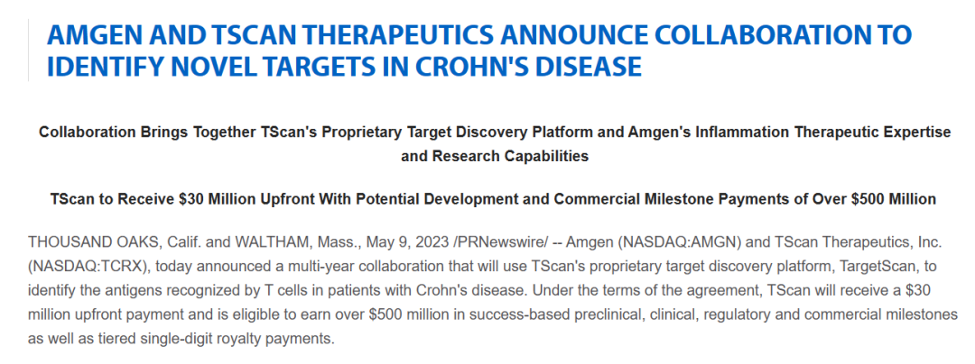 5.3亿美元！安进合作开发克罗恩病的新靶点，TScan股价大涨110%医药新闻-ByDrug-一站式医药资源共享中心-医药魔方
