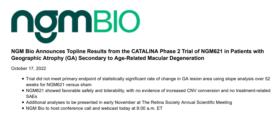 补体C3单抗治疗地图样萎缩II期失败，NGM股价下跌70%医药新闻-ByDrug-一站式医药资源共享中心-医药魔方