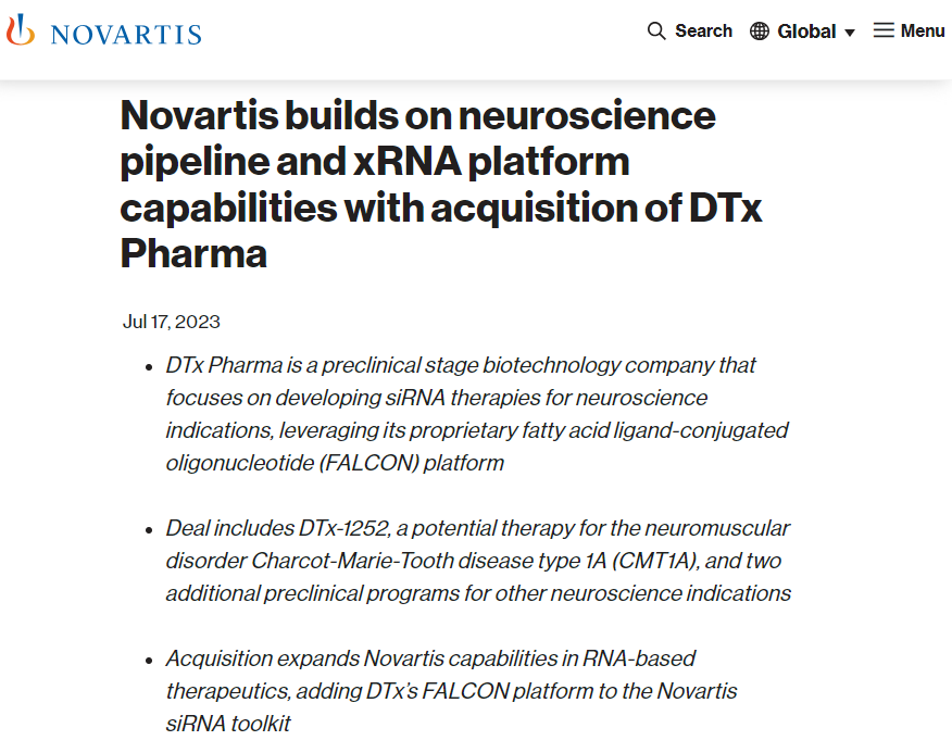 10亿美元！诺华收购RNA疗法公司DTx Pharma医药新闻-ByDrug-一站式医药资源共享中心-医药魔方