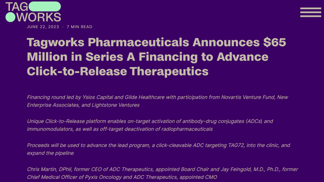 技术源自诺奖，诺华支持的Tagworks融资6500万美元开发「点击化学」ADC药物医药新闻-ByDrug-一站式医药资源共享中心-医药魔方