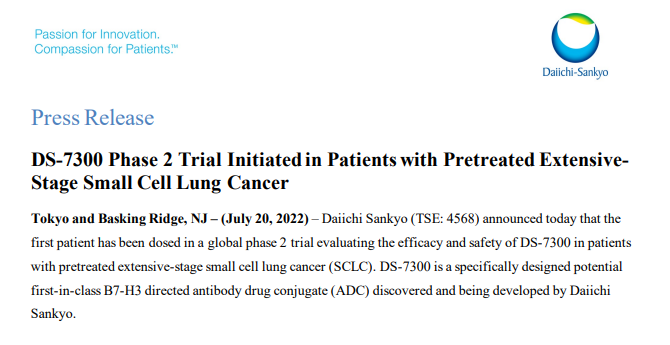 第一三共CD276 ADC启动II期临床试验，治疗广泛期小细胞肺癌医药新闻-ByDrug-一站式医药资源共享中心-医药魔方