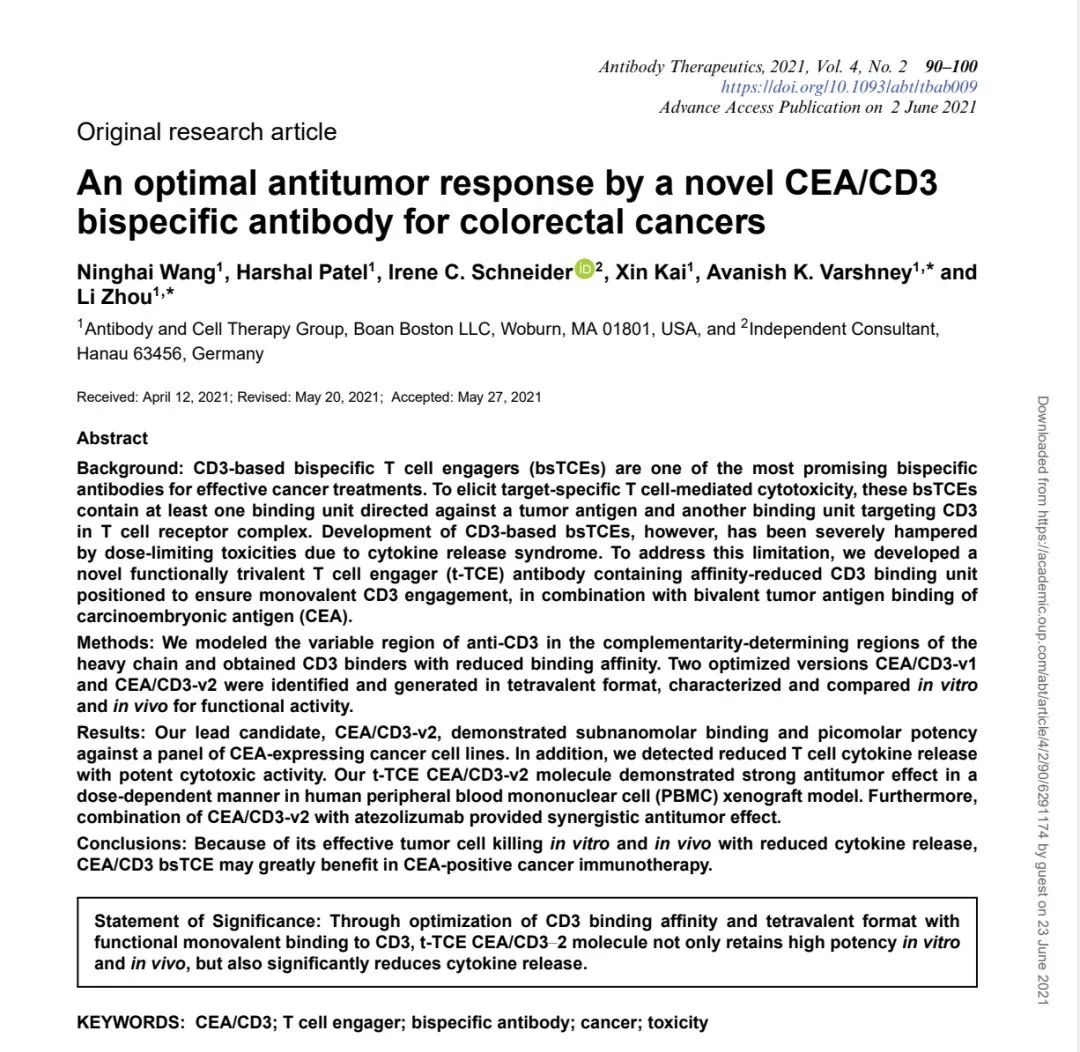 博安生物在《Antibody Therapeutics》期刊发表CEA/CD3双抗研究成果医药新闻-ByDrug-一站式医药资源共享中心-医药魔方