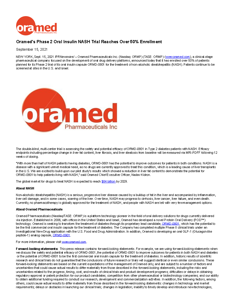 Oramed的2期口服胰岛素NASH试验入组达到50%以上的受试者医药新闻-ByDrug-一站式医药资源共享中心-医药魔方
