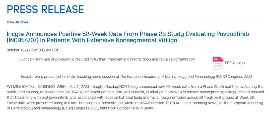 Incyte公布口服JAK1抑制剂治疗白癜风IIb期研究最新数据医药新闻-ByDrug-一站式医药资源共享中心-医药魔方
