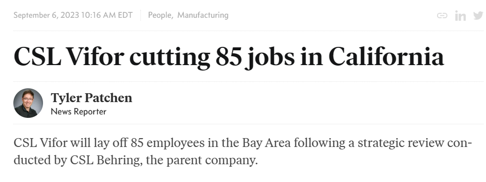 CSL Vifor裁员85人医药新闻-ByDrug-一站式医药资源共享中心-医药魔方