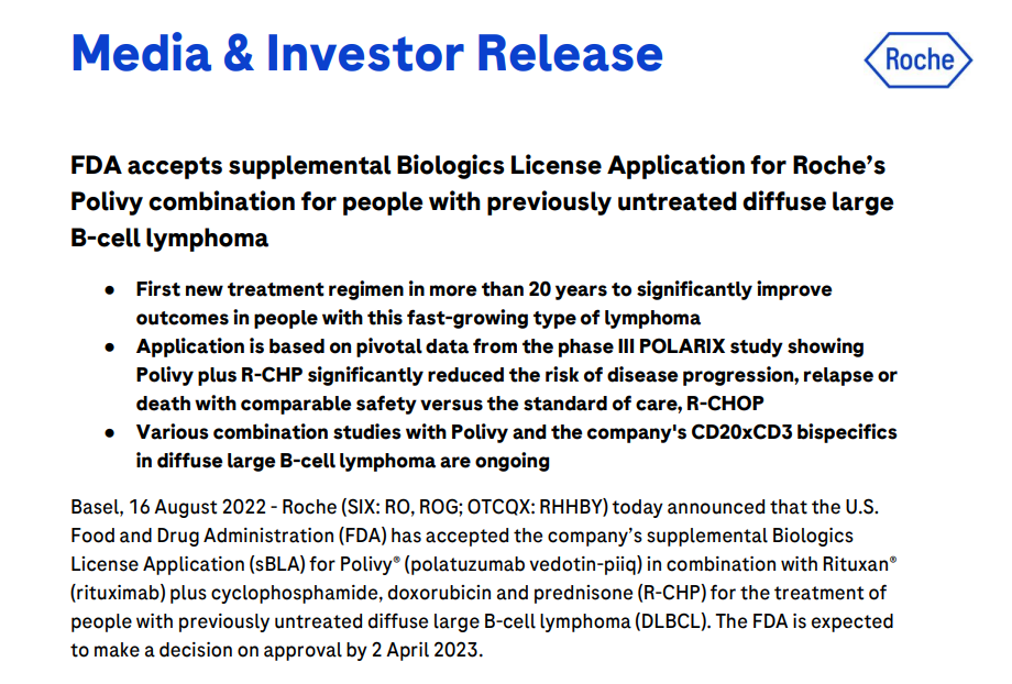 罗氏CD79b ADC新适应症上市申请获FDA受理，一线治疗弥漫性大B细胞淋巴瘤医药新闻-ByDrug-一站式医药资源共享中心-医药魔方