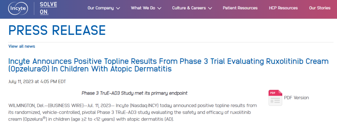 Incyte芦可替尼乳膏III期研究成功，治疗儿童特应性皮炎医药新闻-ByDrug-一站式医药资源共享中心-医药魔方