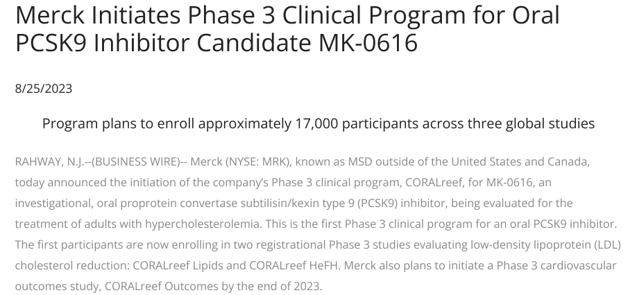 17000名受试者：默沙东启动口服PCSK9抑制剂全球III期项目医药新闻-ByDrug-一站式医药资源共享中心-医药魔方