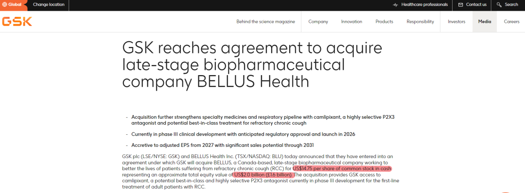 20亿美元！GSK收购BELLUS Health，扩充呼吸领域管线医药新闻-ByDrug-一站式医药资源共享中心-医药魔方