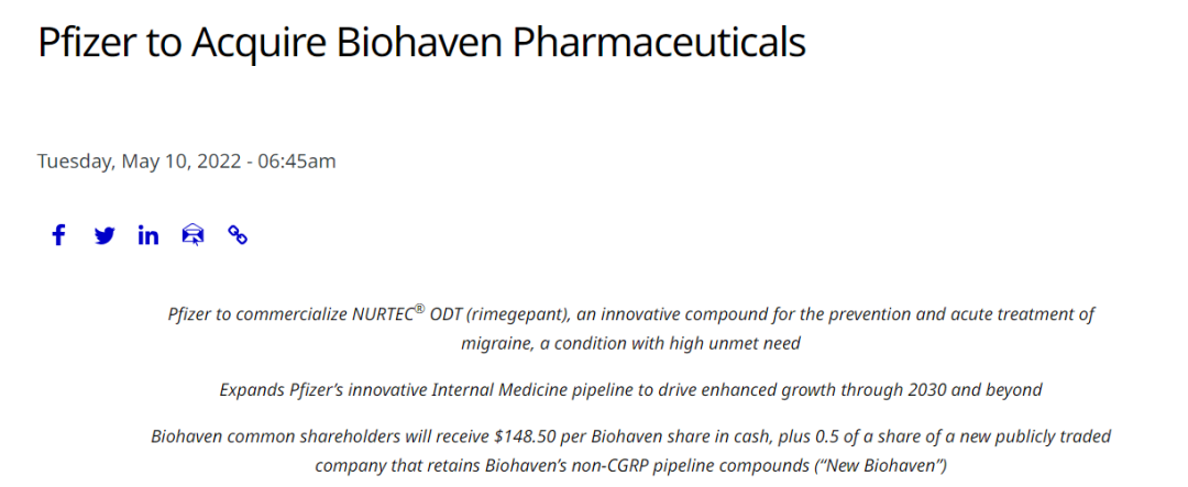 辉瑞116亿美元收购Biohaven，获得偏头痛新药rimegepant医药新闻-ByDrug-一站式医药资源共享中心-医药魔方