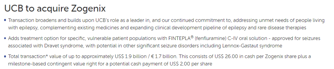 溢价72%！UCB以19亿美元收购Zogenix，获得已上市的癫痫新药医药新闻-ByDrug-一站式医药资源共享中心-医药魔方