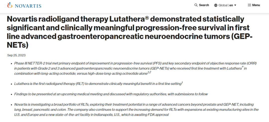 诺华：Lutathera一线治疗GEP-NETs Ⅲ期试验达到主要终点和关键次要终点医药新闻-ByDrug-一站式医药资源共享中心-医药魔方