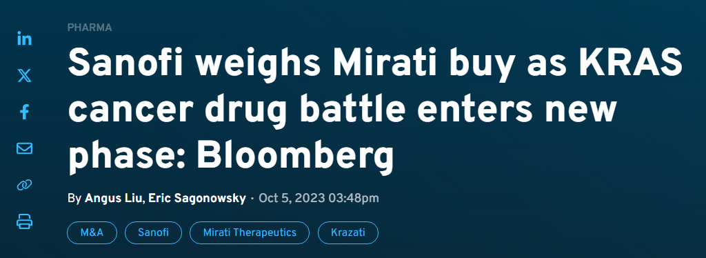 赛诺菲或将收购Mirati Therapeutics医药新闻-ByDrug-一站式医药资源共享中心-医药魔方