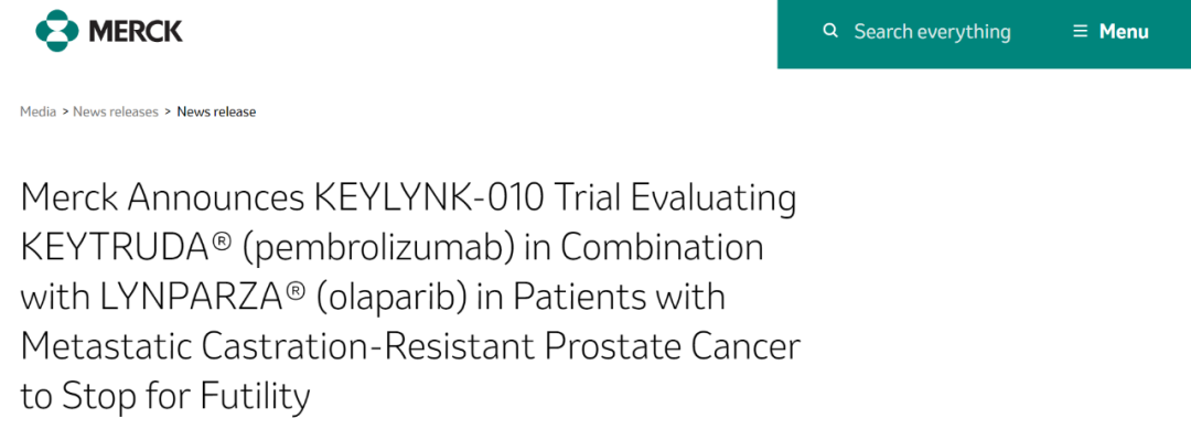 KEYLYNK-010研究：帕博利珠单抗联合奥拉帕尼治疗转移性去势抵抗性前列腺癌患者无效医药新闻-ByDrug-一站式医药资源共享中心-医药魔方