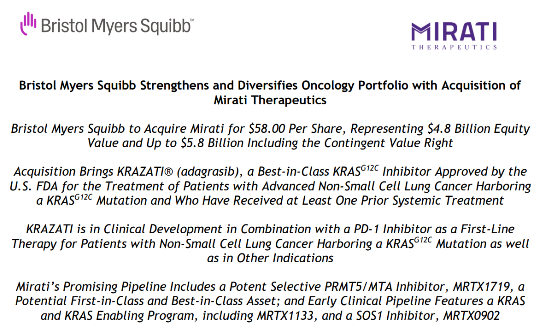 48亿美元！BMS收购KRAS明星公司Mirati Therapeutics医药新闻-ByDrug-一站式医药资源共享中心-医药魔方