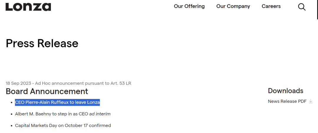 CDMO巨头Lonza CEO将离职医药新闻-ByDrug-一站式医药资源共享中心-医药魔方