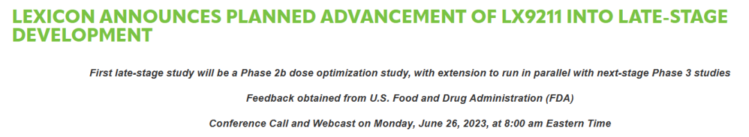 DPNP新进展！Lexicon的LX9211进入后期开发阶段医药新闻-ByDrug-一站式医药资源共享中心-医药魔方