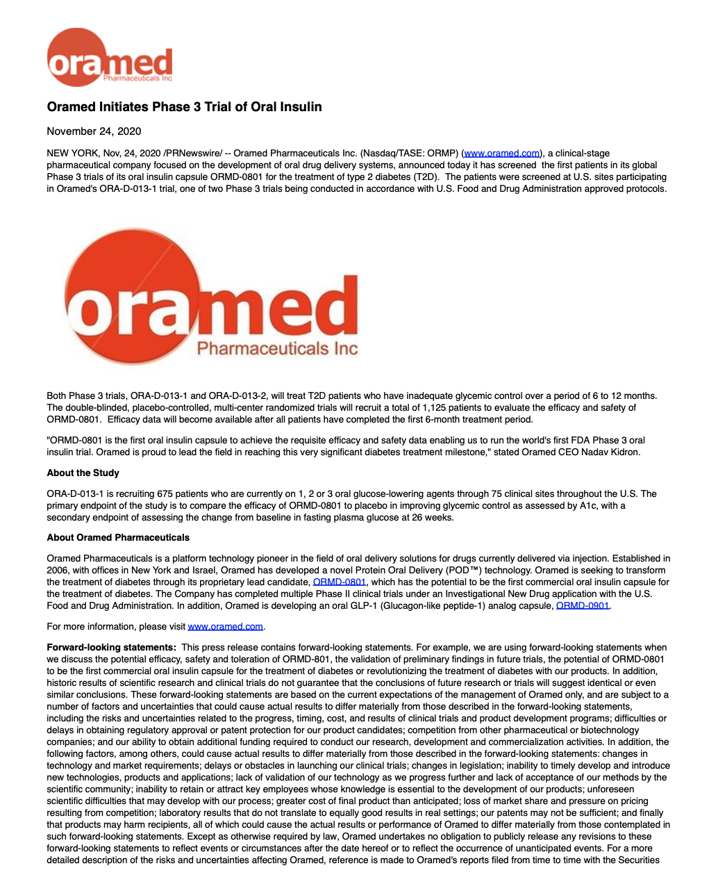 由天麦天汇和Oramed联合开发的口服胰岛素正式启动美国III期临床医药新闻-ByDrug-一站式医药资源共享中心-医药魔方